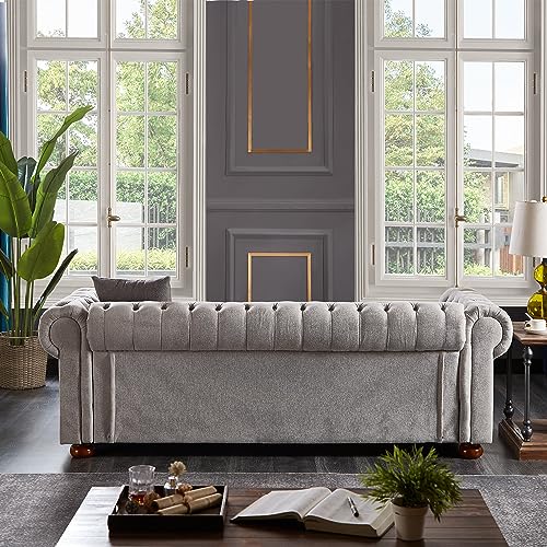 LIADTOP, 3-Seat Chesterfield Sofa with Button Tufted, Nailhead Trim and Solid Wood Legs, Classical Linen Fabric Couch for Living Room, Office, Light Grey