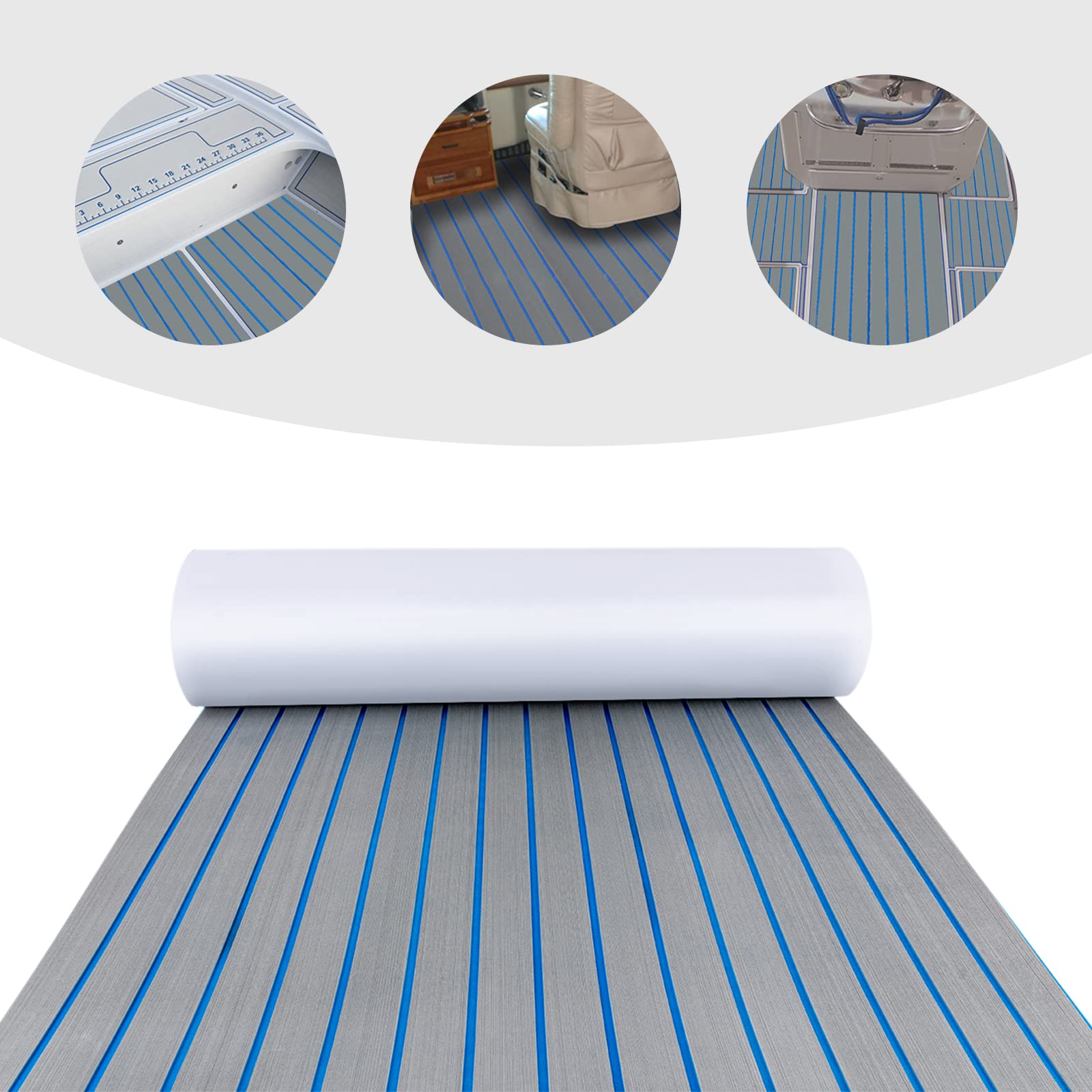Eapmic EVA Faux Teak Decking Sheet for Fish Boat Yacht Non-Slip Marine Flooring Mat (Light Grey with Blue Stripes, 94.5"x35.4")