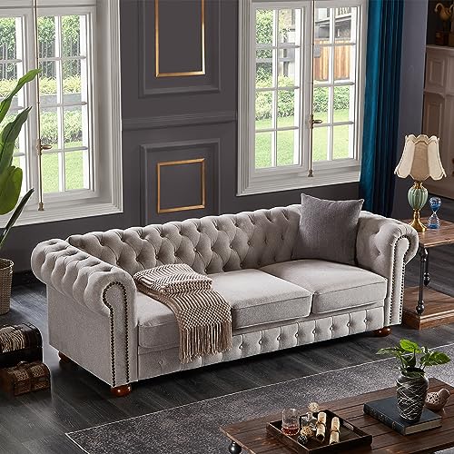 LIADTOP, 3-Seat Chesterfield Sofa with Button Tufted, Nailhead Trim and Solid Wood Legs, Classical Linen Fabric Couch for Living Room, Office, Light Grey