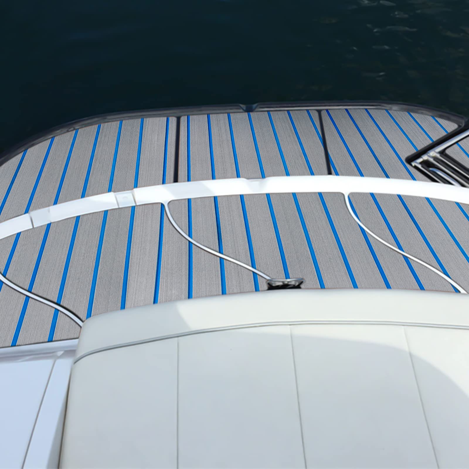 Eapmic EVA Faux Teak Decking Sheet for Fish Boat Yacht Non-Slip Marine Flooring Mat (Light Grey with Blue Stripes, 94.5"x35.4")