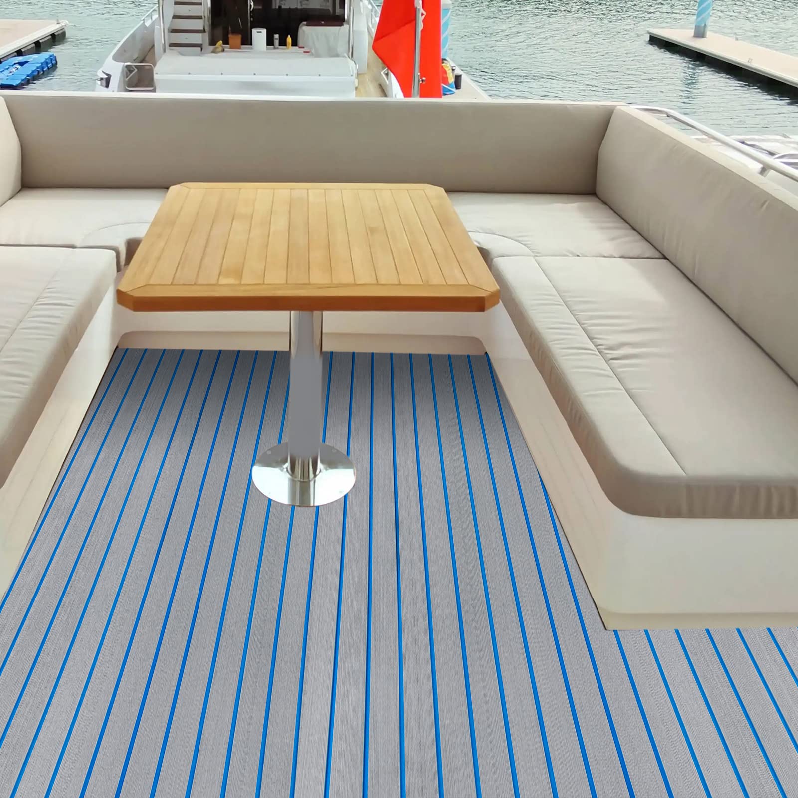 Eapmic EVA Faux Teak Decking Sheet for Fish Boat Yacht Non-Slip Marine Flooring Mat (Light Grey with Blue Stripes, 94.5"x35.4")