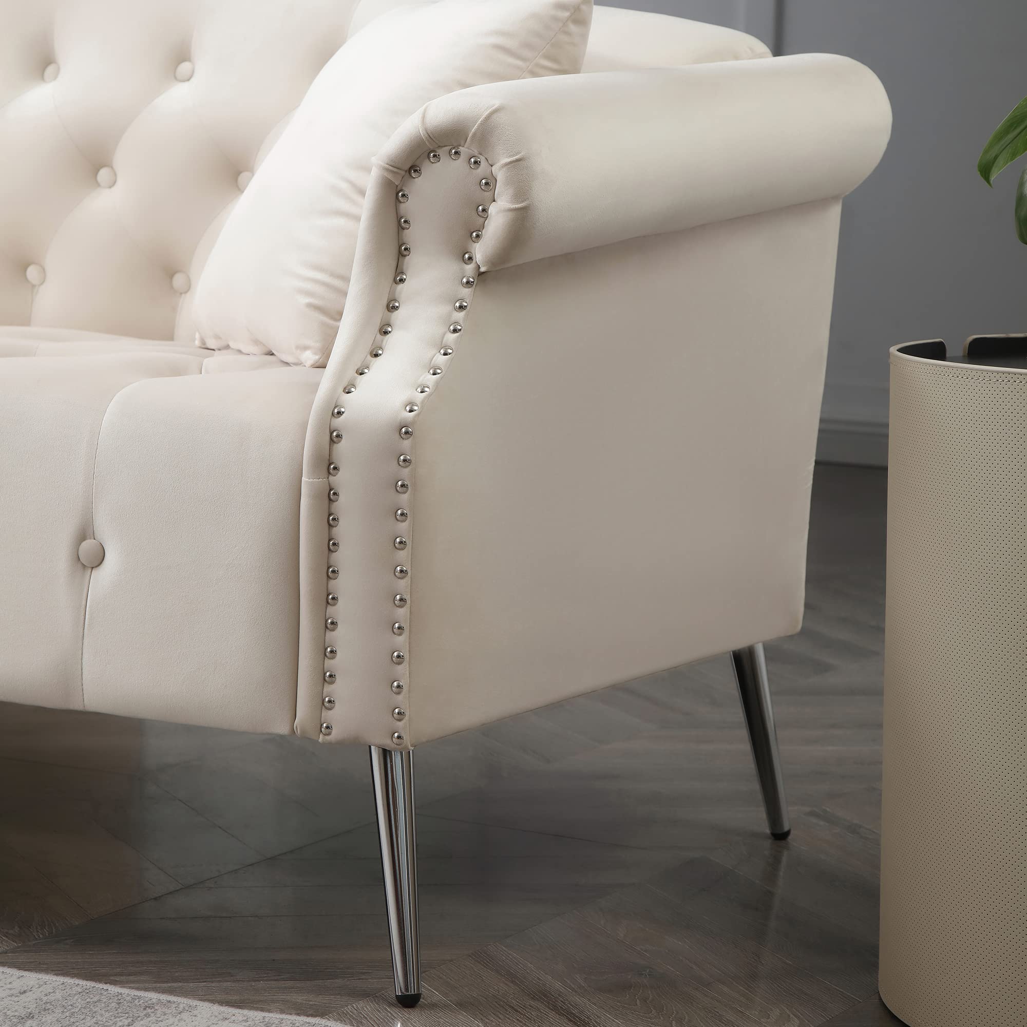 LIADTOP, 78.7" Classic Chesterfield Velvet Sofa Contemporary Upholstered Couch with Button Tufted and Rolled Arms, 2 Pillows Included, 3 Seater, Beige