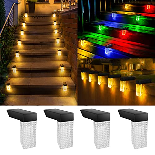 panmo Solar Deck Lights Outdoor, Solar Step Lights Waterproof with 7 Color Changing Led Lights Solar Led Lights Decoration for Porch Pool Fence Stair Patio Yard Garden Railings(Warm White/RGB 4Pack)