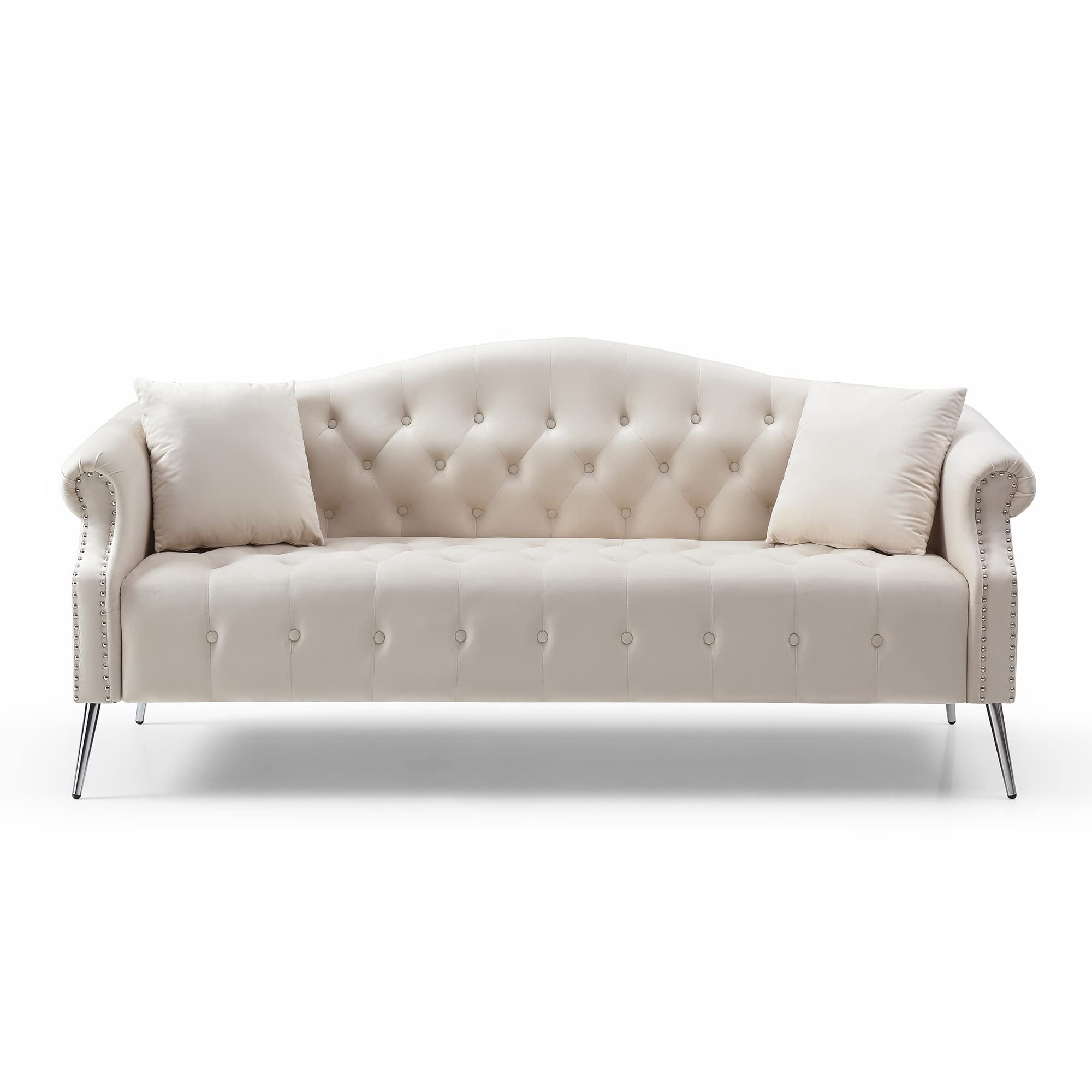 LIADTOP, 78.7" Classic Chesterfield Velvet Sofa Contemporary Upholstered Couch with Button Tufted and Rolled Arms, 2 Pillows Included, 3 Seater, Beige