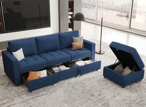 Belffin Modern Fabric Convertible Modular Sectional Sofa Couch with Reversible Chaise and Storage Seats 3 Seater Sofa Sectionals L Shaped Couch Set with Ottoman for Small Space Blue