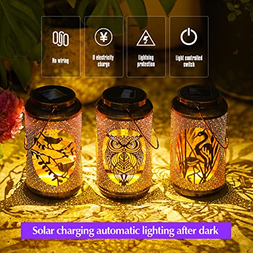 Solar Metal Outdoor Lanterns Hanging Solar Owl Lights Waterproof Solar Powered Garden Decor LED Outside Yard Patio Decorations