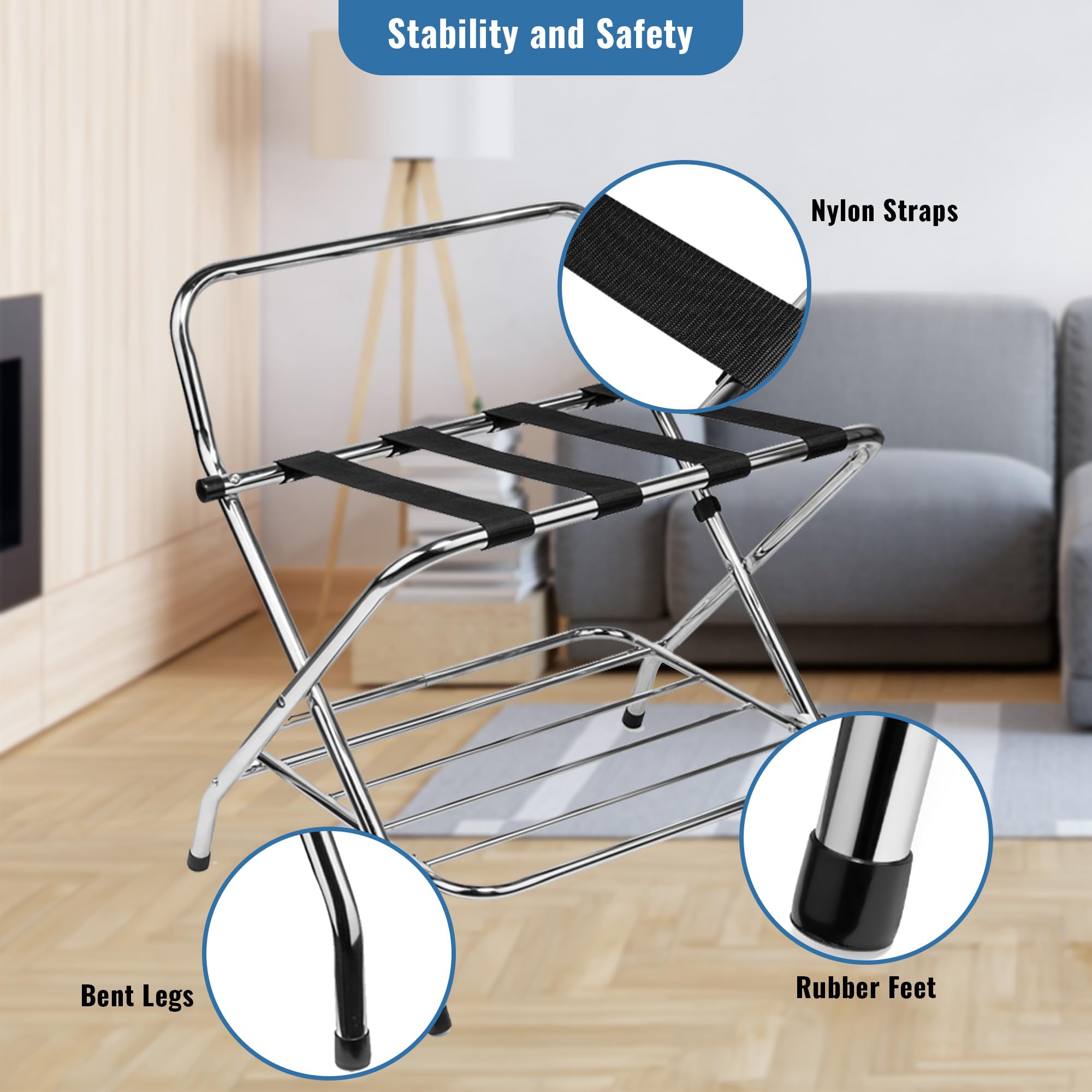 Foldable Luggage Rack, Metal Suitcase Stand for Guest Room, Heavy Duty Luggage Rack for Bedrooms, Hotels, Travel | Folding Luggage Racks for Suitcases and Storage (Double Rack High Back (DIY), Pack of 2)