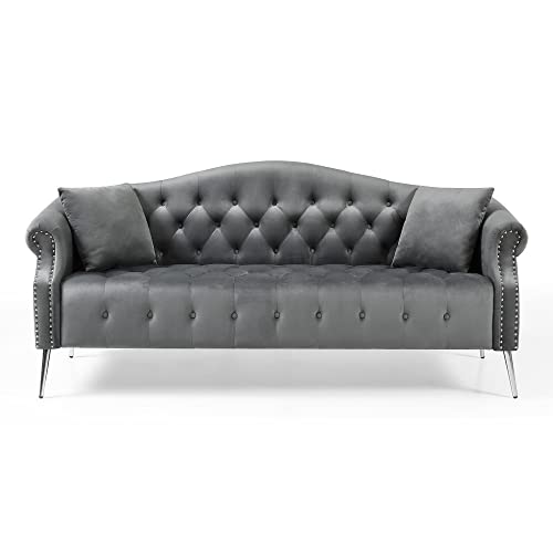 LIADTOP, 78.7" Classic Chesterfield Velvet Sofa Contemporary Upholstered Couch with Button Tufted and Rolled Arms, 2 Pillows Included, 3 Seater,Grey