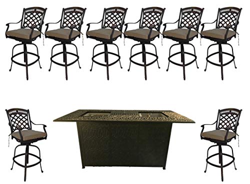 Bar Height fire Pit Dining Set 9 Piece cast Aluminum Patio Furniture Sunbrella Cushions