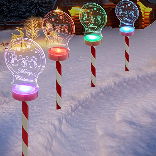 4Pack Christmas Solar Pathway Lights Outdoor, Snowman Stake Lights walkway christmas lights Candy Cane Stake Lights Waterproof 7RGB Color Changing LED Landscape Lights for Garden Yard Patio Lawn Decor
