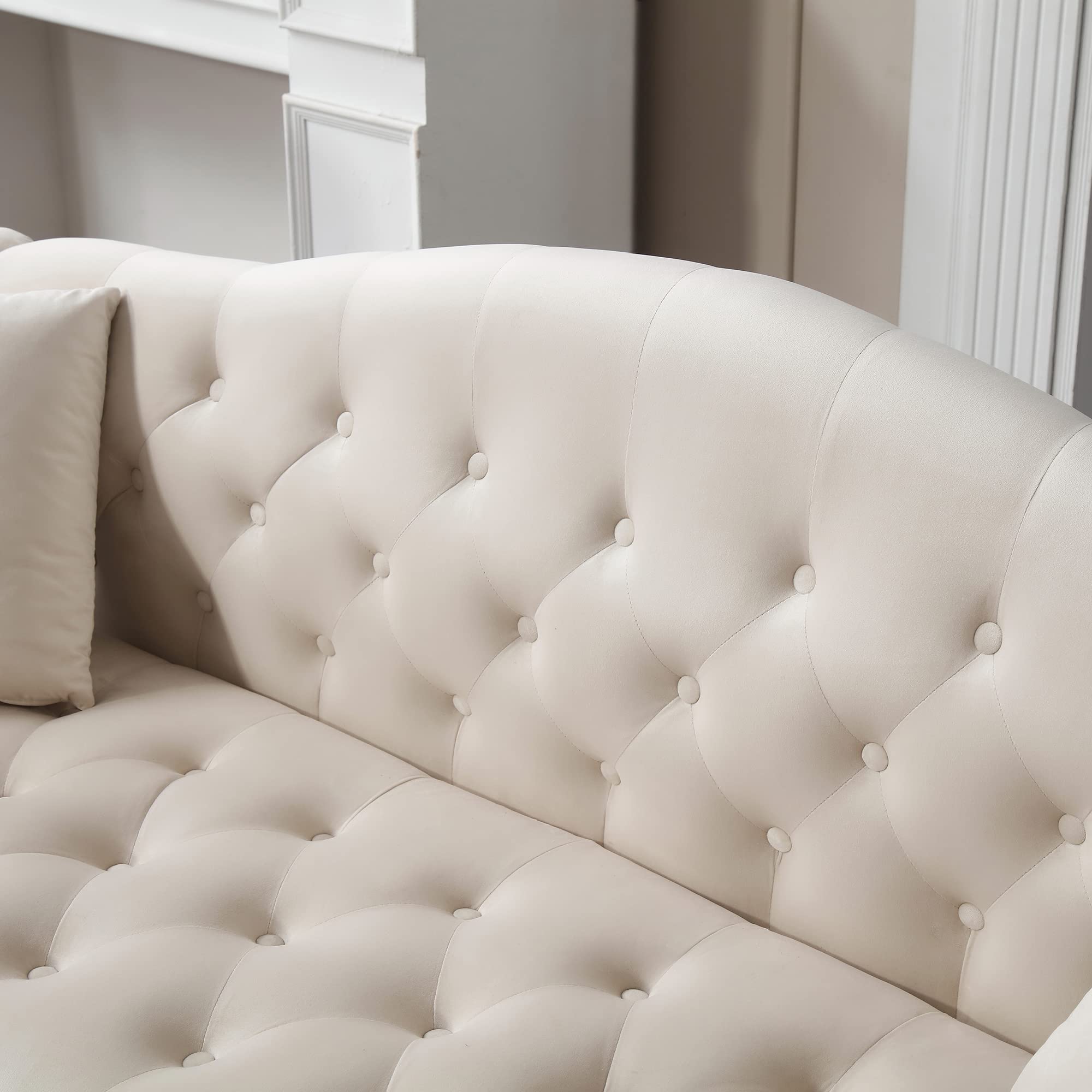 FIQHOME, 78.7" Classic Chesterfield Velvet Sofa Contemporary Upholstered Couch with Button Tufted and Rolled Arms, 2 Pillows Included, 3 Seater, Beige