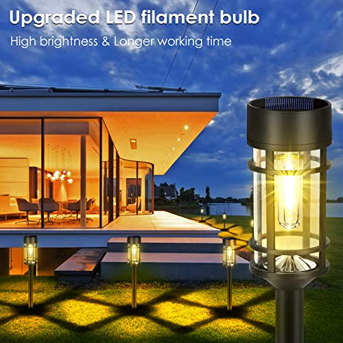 Mancra 8 Pack Solar Pathway Lights, IP 65 Waterproof Glass Stainless Steel Solar Outdoor Lights, Updated LED Tungsten Filament Bulb Solar Garden Lights for Yard, Lawn, Walkway, Driveway, 3000K