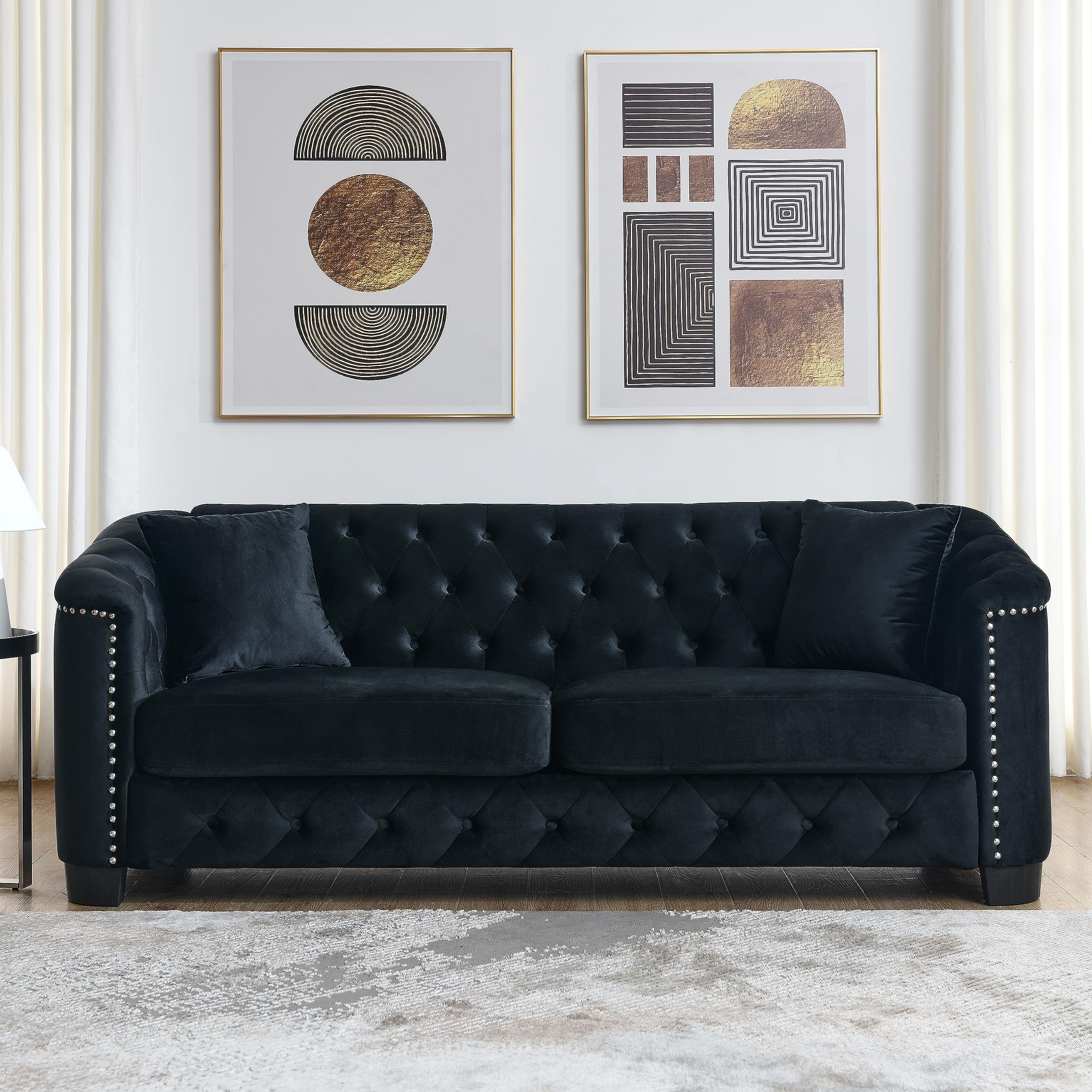 POCIYIHOME 77" Velvet Chesterfield, Deep Button Tufted 3 Seater Sofa Couch with Upholstered Backrests and Nailhead Trim Arms for Living Room, Recliner Loveseat Folding Daybed, 2 Pillows (Black)