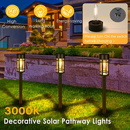 Mancra 8 Pack Solar Pathway Lights, IP 65 Waterproof Glass Stainless Steel Solar Outdoor Lights, Updated LED Tungsten Filament Bulb Solar Garden Lights for Yard, Lawn, Walkway, Driveway, 3000K