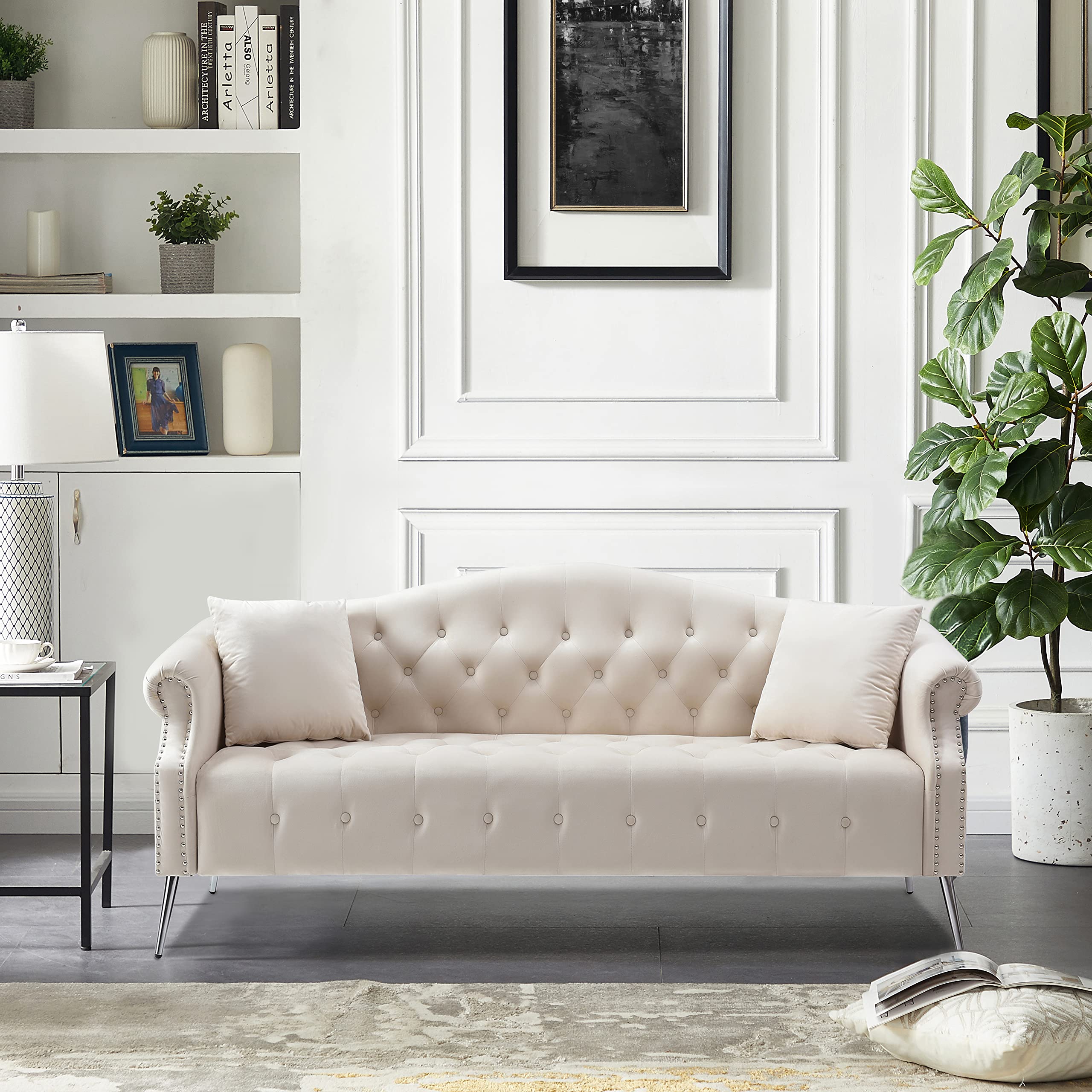 FIQHOME, 78.7" Classic Chesterfield Velvet Sofa Contemporary Upholstered Couch with Button Tufted and Rolled Arms, 2 Pillows Included, 3 Seater, Beige
