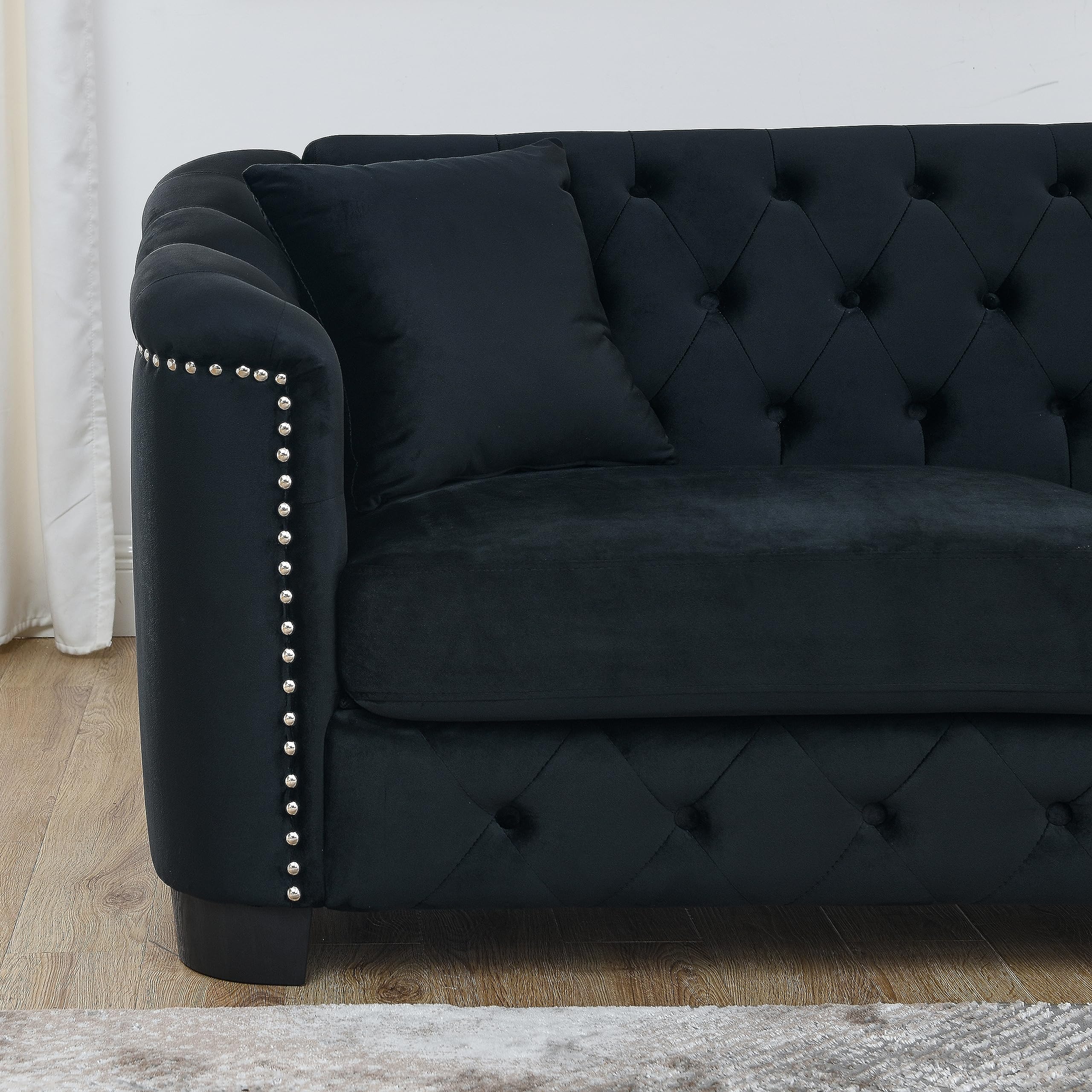 POCIYIHOME 77" Velvet Chesterfield, Deep Button Tufted 3 Seater Sofa Couch with Upholstered Backrests and Nailhead Trim Arms for Living Room, Recliner Loveseat Folding Daybed, 2 Pillows (Black)