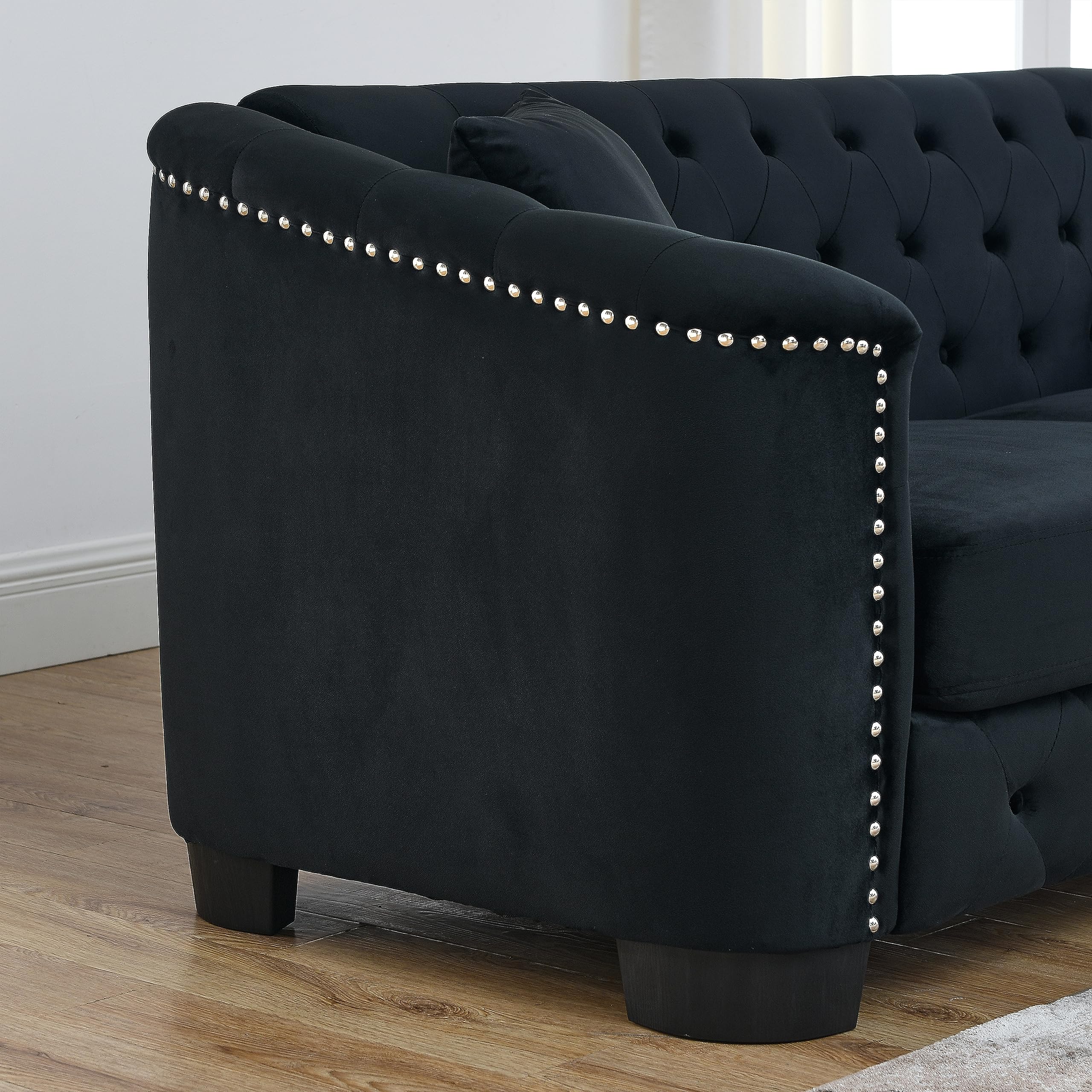 POCIYIHOME 77" Velvet Chesterfield, Deep Button Tufted 3 Seater Sofa Couch with Upholstered Backrests and Nailhead Trim Arms for Living Room, Recliner Loveseat Folding Daybed, 2 Pillows (Black)