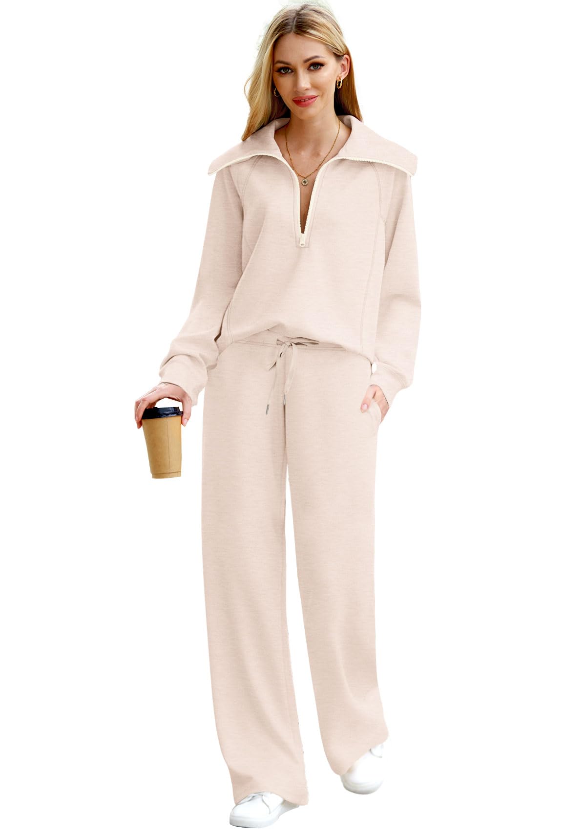 XIEERDUO Lounge Set For Women 2024 Winter Zip Up Sweatshirt And Wide Leg Sweatpant Apricot M