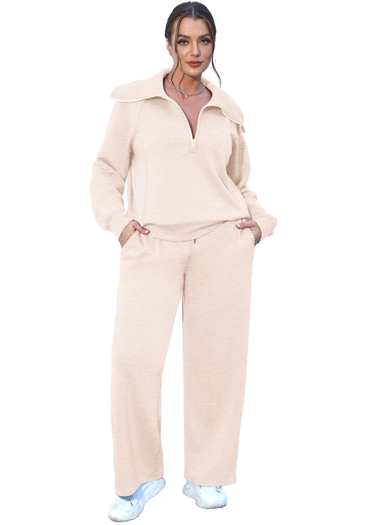 XIEERDUO Lounge Set For Women 2024 Winter Zip Up Sweatshirt And Wide Leg Sweatpant Apricot M