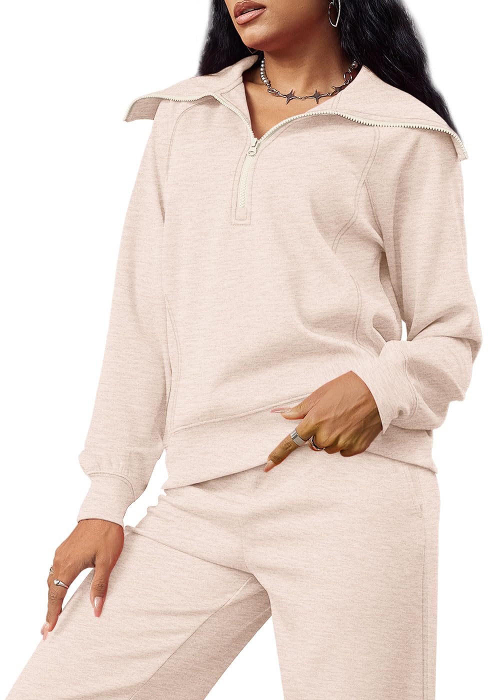 XIEERDUO Lounge Set For Women 2024 Winter Zip Up Sweatshirt And Wide Leg Sweatpant Apricot M