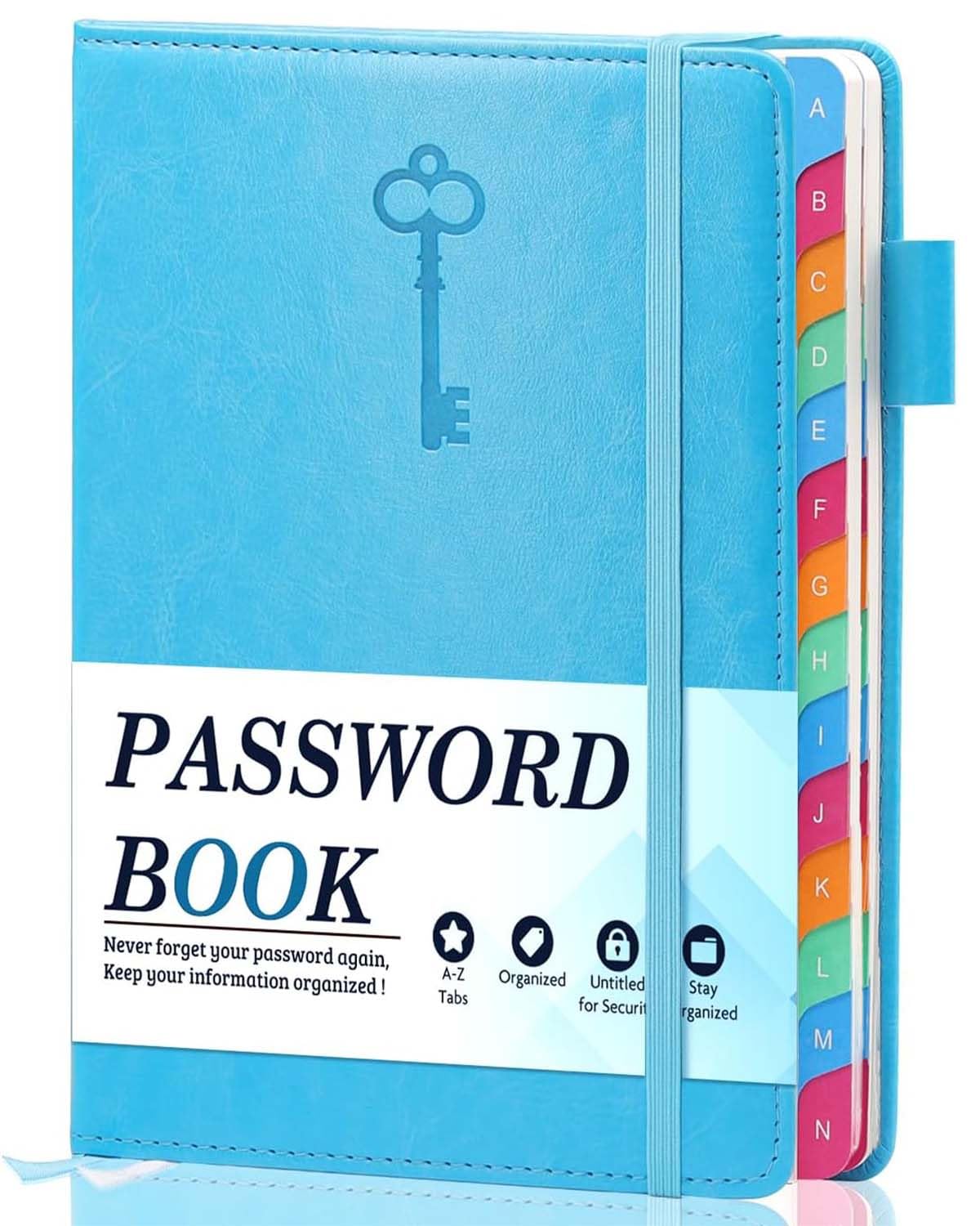 Password Keeper Book with Colorful Alphabetical Tabs, Hardcover Log Book for Internet Password and Website Address, Personal Organizer with Notes Section and Back Pocket and Two Bookmarks (Turquoise)