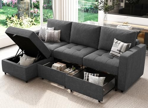 Belffin Modular Sectional Sofa Couch Set with Ottoman Morden Fabric Convertible Pull Out Couch with Reversible Chaise and Storage Drawers 3-Seat Sofa Sectionals L Shape Couch for Apartment Black Grey