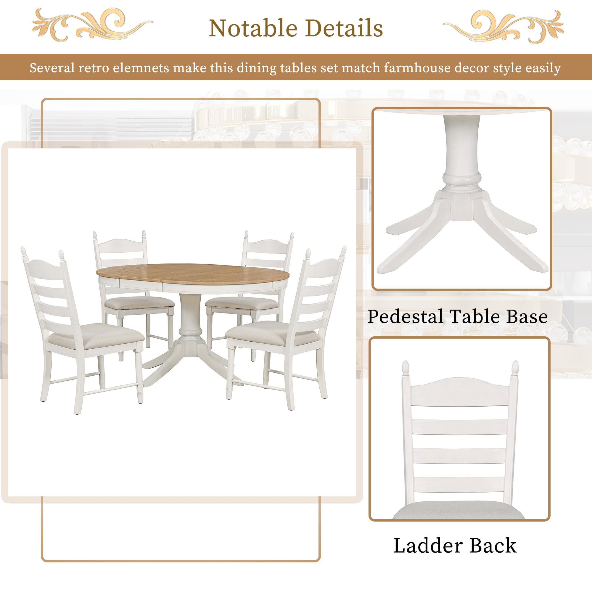 POCIYIHOME 5-Piece Retro Functional 42"-58" Wood Round Extendable 4 Upholstered Chairs, Set of 5, Family Dining Table Set for Restaurant, Kitchen (Off White)