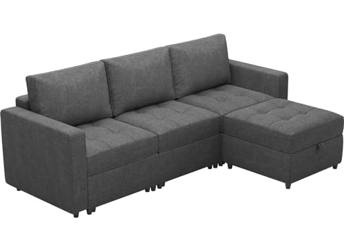 Belffin Modular Sectional Sofa Couch Set with Ottoman Morden Fabric Convertible Pull Out Couch with Reversible Chaise and Storage Drawers 3-Seat Sofa Sectionals L Shape Couch for Apartment Black Grey