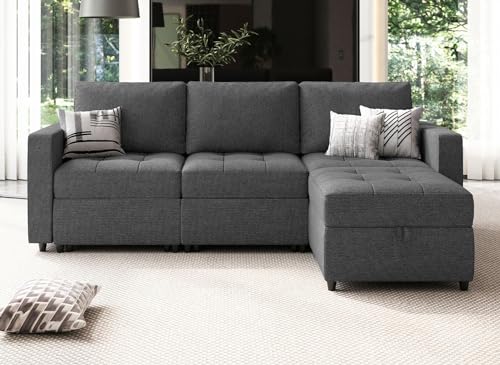 Belffin Modular Sectional Sofa Couch Set with Ottoman Morden Fabric Convertible Pull Out Couch with Reversible Chaise and Storage Drawers 3-Seat Sofa Sectionals L Shape Couch for Apartment Black Grey