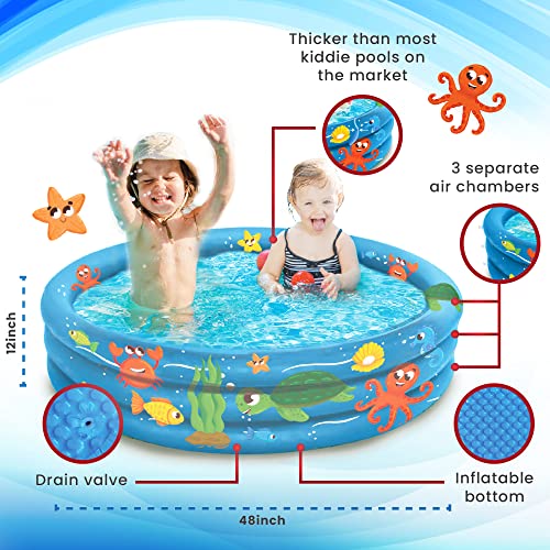 JAMBO Kiddie Pool with Inflatable Bottom | 48" x 12" Sea Friends Inflatable Kiddie Pool for Kids and Toddlers | Doubles as a Ball Pit & Dog Pool | Great Splash Pool Backyard Water Toys