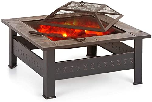 LEAYAN Garden Fire Pit Grill Bowl Grill Barbecue Rack Outdoor Fire Pit Table, Multifunctional Garden Terrace Fire Bowl with Stainless Steel Grill and Log Poker, for Outdoor Patio Fire Pits