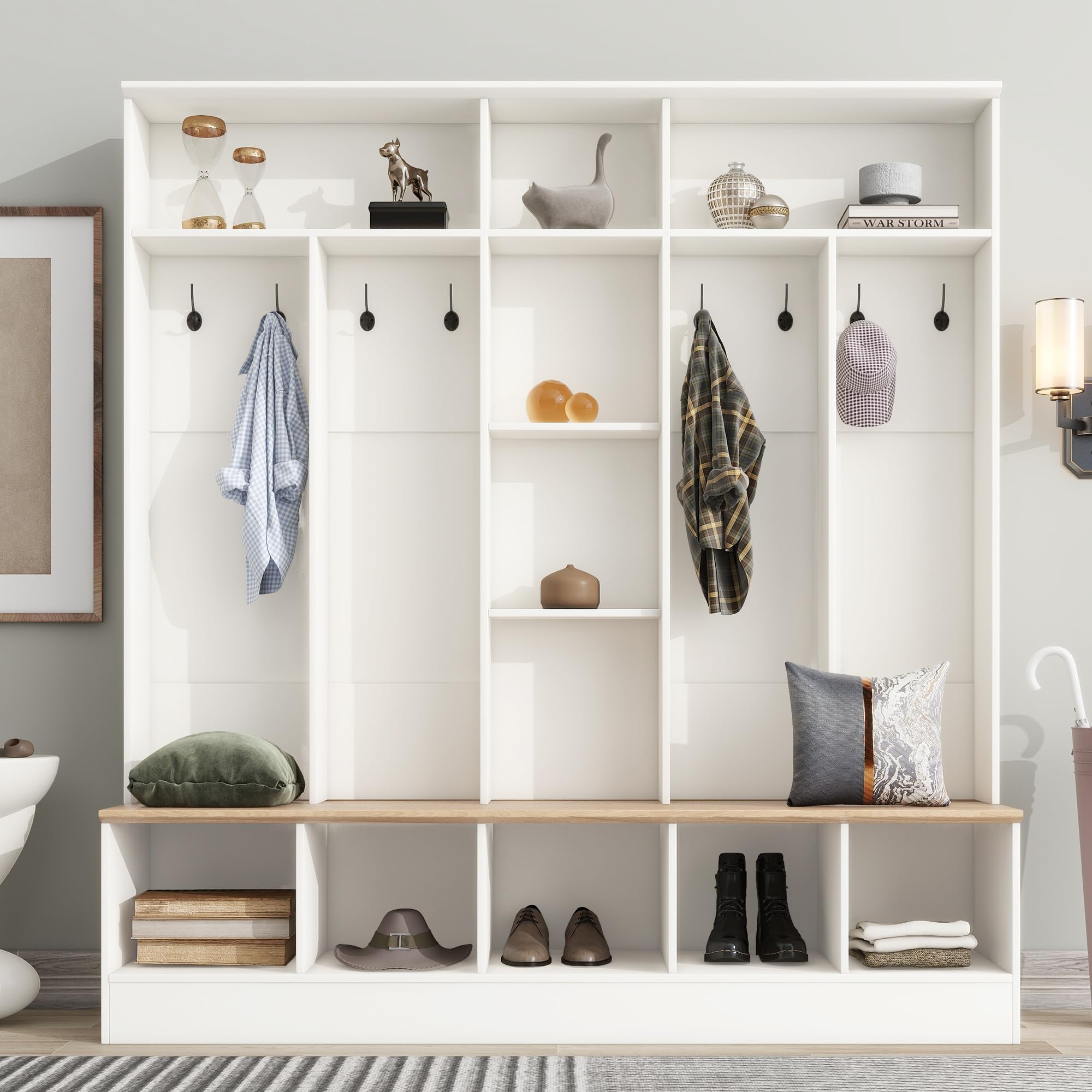 Wide Design Hall Tree with Storage Bench,Modern Style 4-in-1 Multiple Functions Hallway Coat Rack with 8 Hooks and Cube Storage & Shelves for Entryways, Mudroom(White)