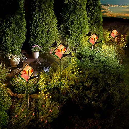 WUFEILY Solar Outdoor Lights Decorative, Dragonfly Garden Decor Glass Solar Watering Can with Cascading Lights Solar Garden Lights Yard Art Garden Stakes for Walkway, Pathway, Yard, Lawn, Patio