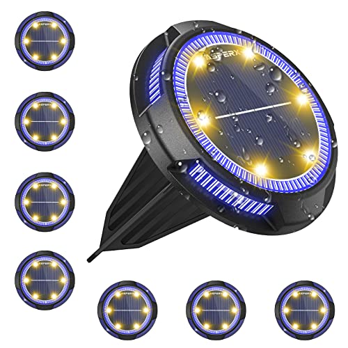 AsperX Solar Ground Lights, 8 Packs, IP65 Waterproof LED In-Ground Lights, Solar Outdoor Patio Lights, Disk Landscape Lights for Pathway, Yard, Garden, Deck, Driveway Lawn (Warm White+Blue)