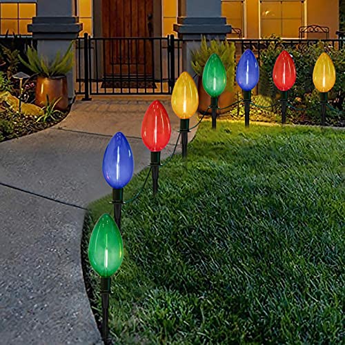 C9 Christmas Multicolor Pathway Lights, 2 Sets 7Ft Outdoor Christmas Pathway Markers Lights with 8 Jumbo C9 LED Multicolor Bulbs, Connectable Christmas Walkway Lights for Driveway Yard Garden Decor