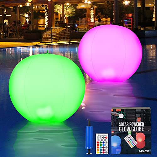 Vzzeport Floating Pool Lights, 2 Pack 15" Solar Pool Lights with 16 RGB Colors and 4 Modes, Inflatable and Waterproof Glow Led Ball for Garden Outdoor Christmas Decorations Halloween Decor