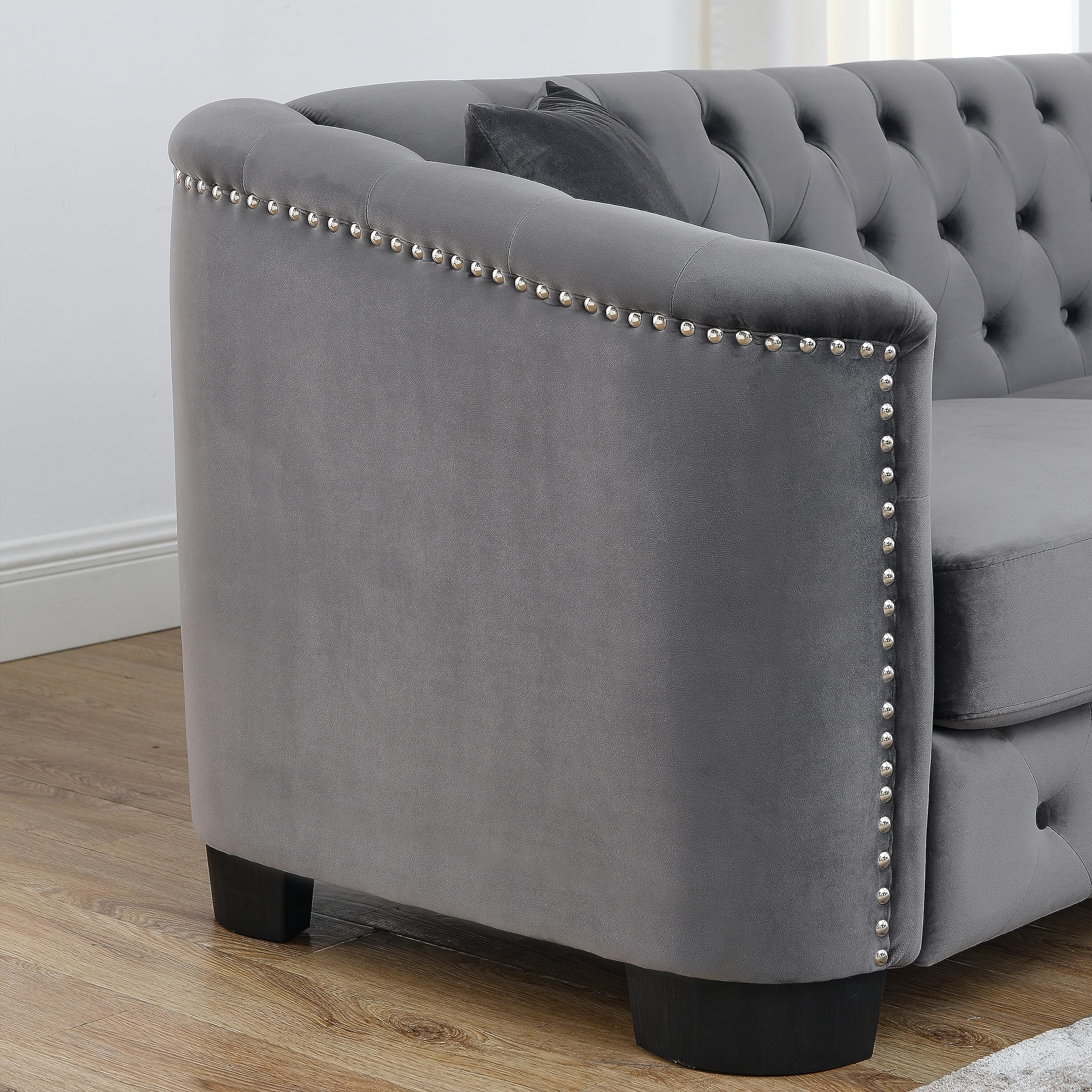 POCIYIHOME 77" Velvet Chesterfield, Deep Button Tufted 3 Seater Sofa Couch with Upholstered Backrests and Nailhead Trim Arms for Living Room, Recliner Loveseat Folding Daybed, 2 Pillows (Grey)