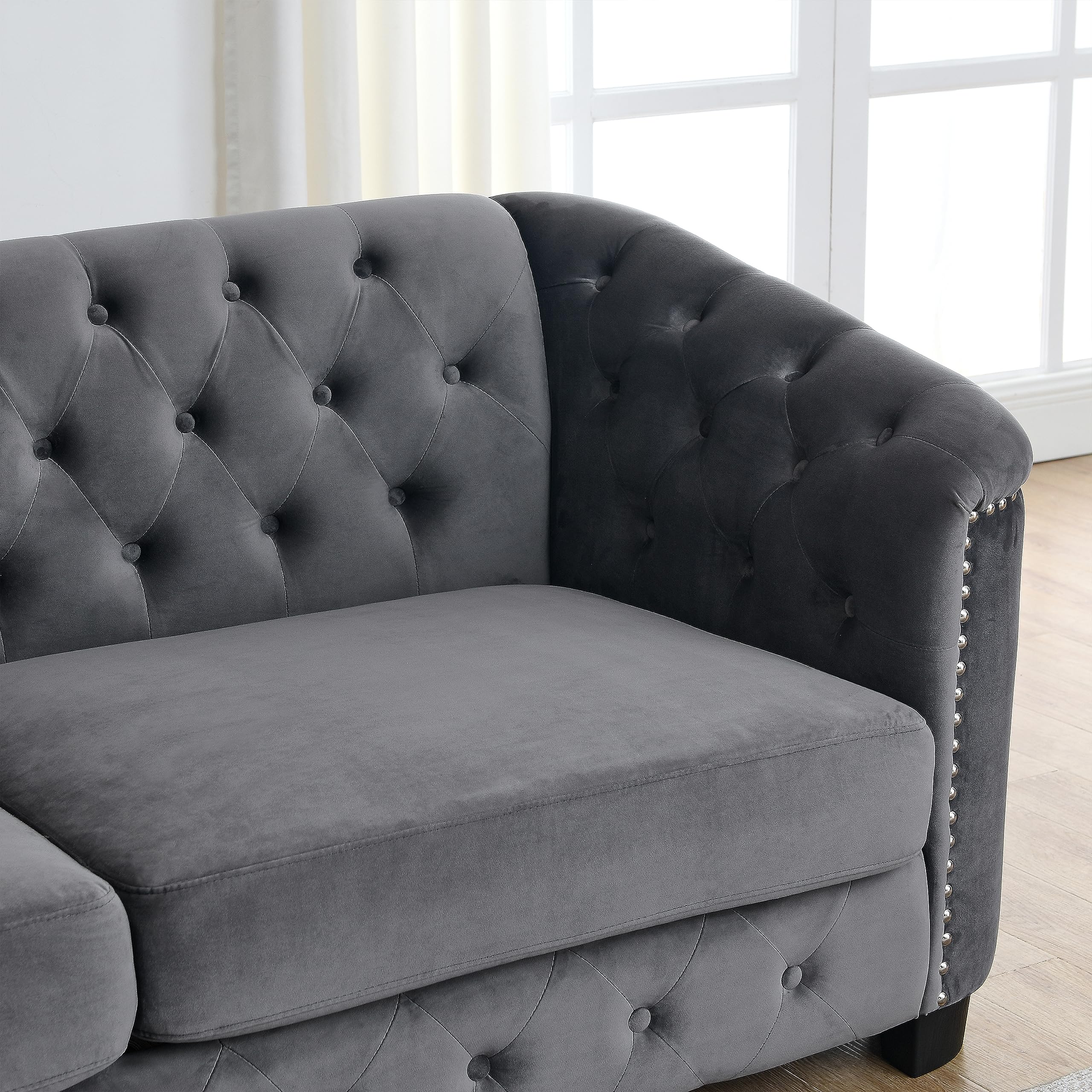 POCIYIHOME 77" Velvet Chesterfield, Deep Button Tufted 3 Seater Sofa Couch with Upholstered Backrests and Nailhead Trim Arms for Living Room, Recliner Loveseat Folding Daybed, 2 Pillows (Grey)