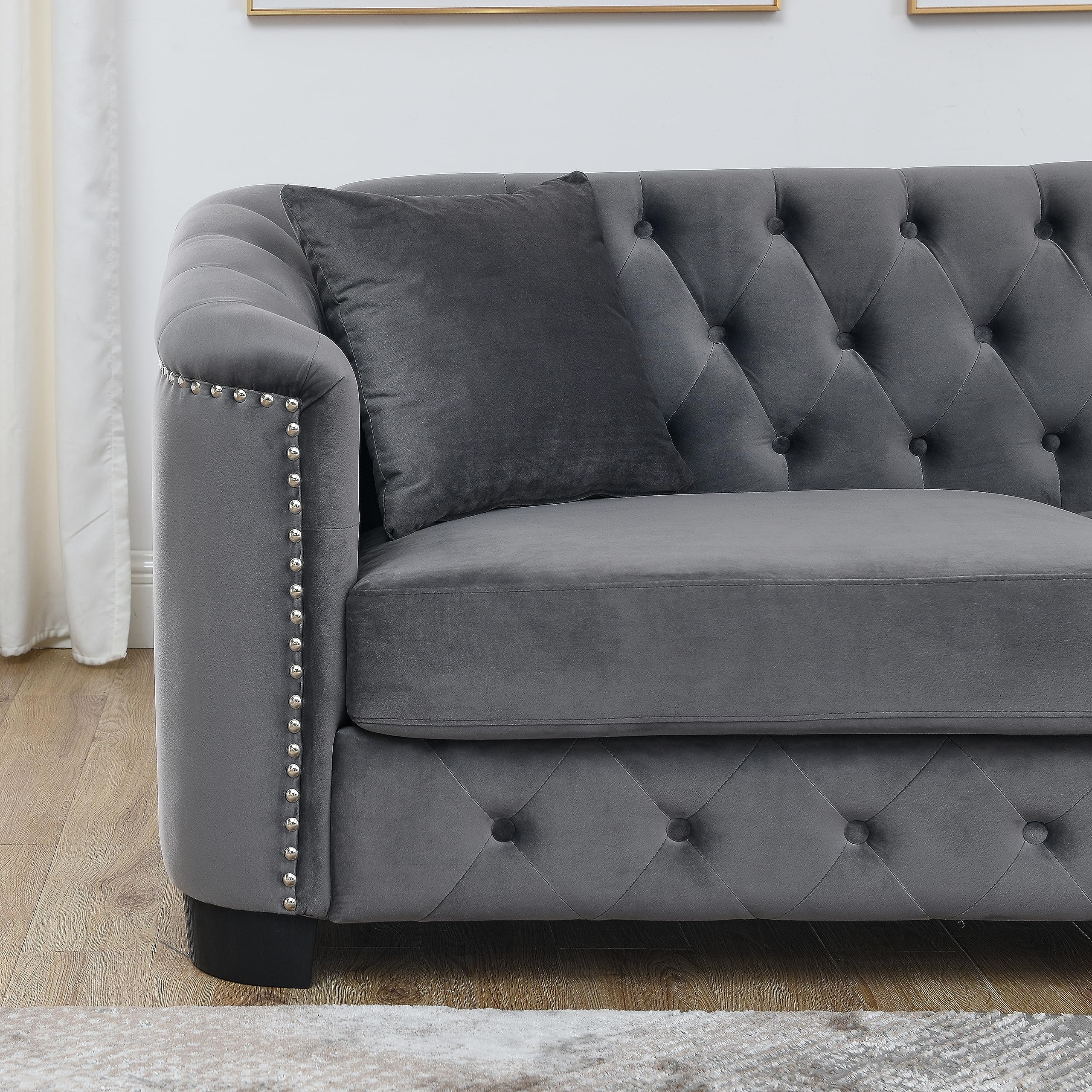 POCIYIHOME 77" Velvet Chesterfield, Deep Button Tufted 3 Seater Sofa Couch with Upholstered Backrests and Nailhead Trim Arms for Living Room, Recliner Loveseat Folding Daybed, 2 Pillows (Grey)