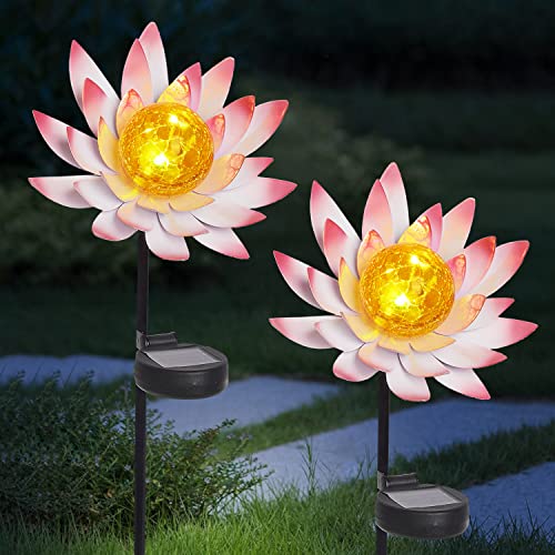Solar Lotus Lights Outdoor Decorative Garden Stake,Metal Flower Lights with Crackle Globe Glass, Waterproof Outdoor Decorations for Patio,Lawn,Yard,Walkway(2 Pack)