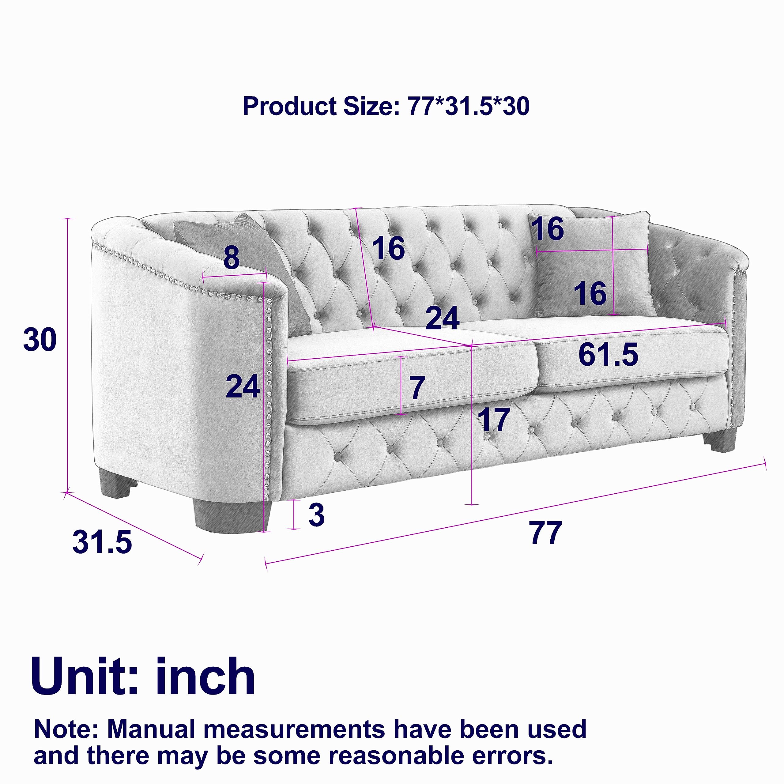 POCIYIHOME 77" Velvet Chesterfield, Deep Button Tufted 3 Seater Sofa Couch with Upholstered Backrests and Nailhead Trim Arms for Living Room, Recliner Loveseat Folding Daybed, 2 Pillows (Grey)