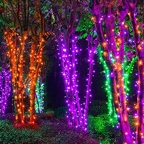 Dazzle Bright 2 Pack 200 LED 66 FT Halloween Solar String Outdoor Lights, Solar Powered with 8 Modes Waterproof Christmas Lights for Bedroom Patio Garden Tree Party Yard Decoration (Purple)