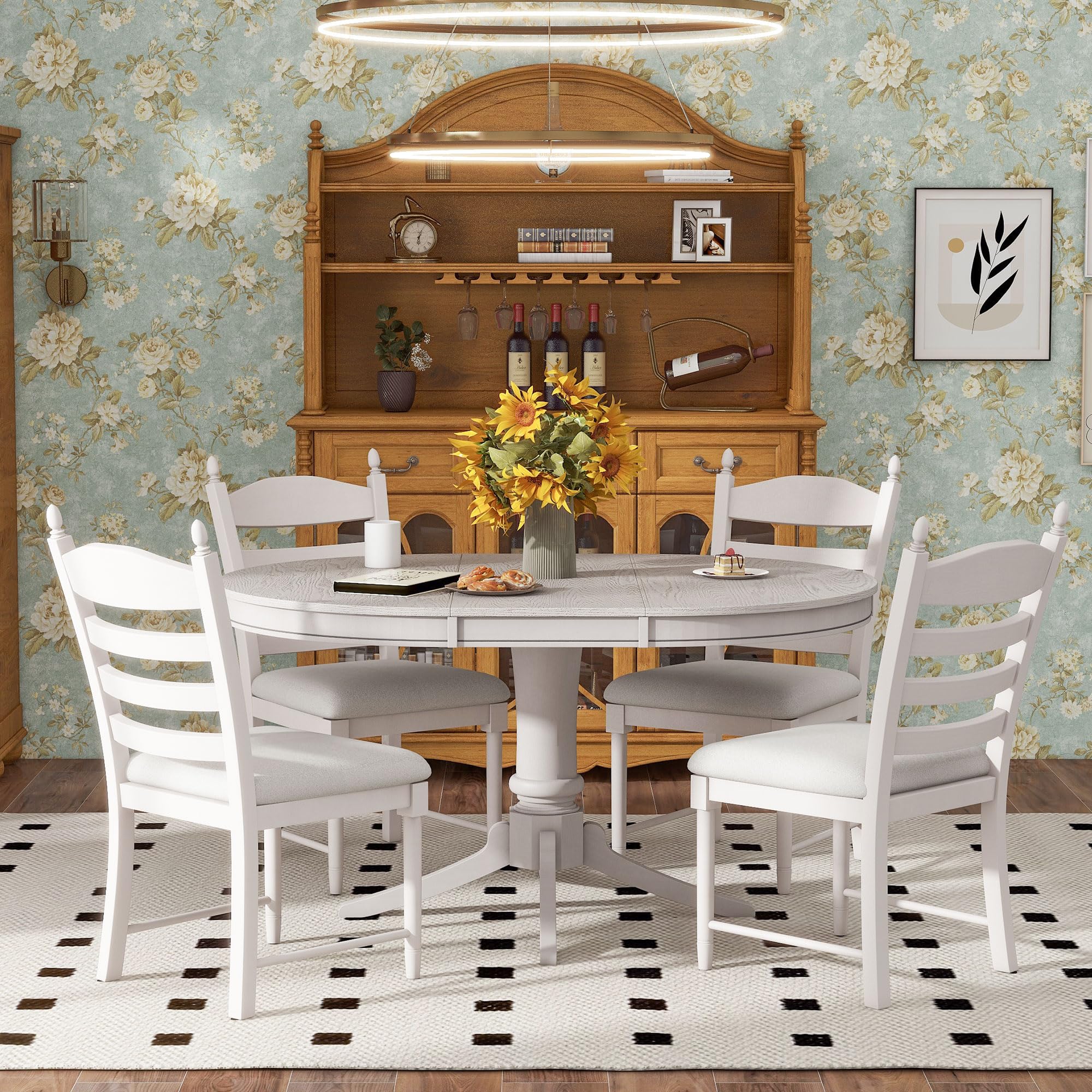 POCIYIHOME 5-Piece Retro Functional 42"-58" Wood Round Extendable 4 Upholstered Chairs, Set of 5, Family Dining Table Set for Restaurant, Kitchen (Antique White)