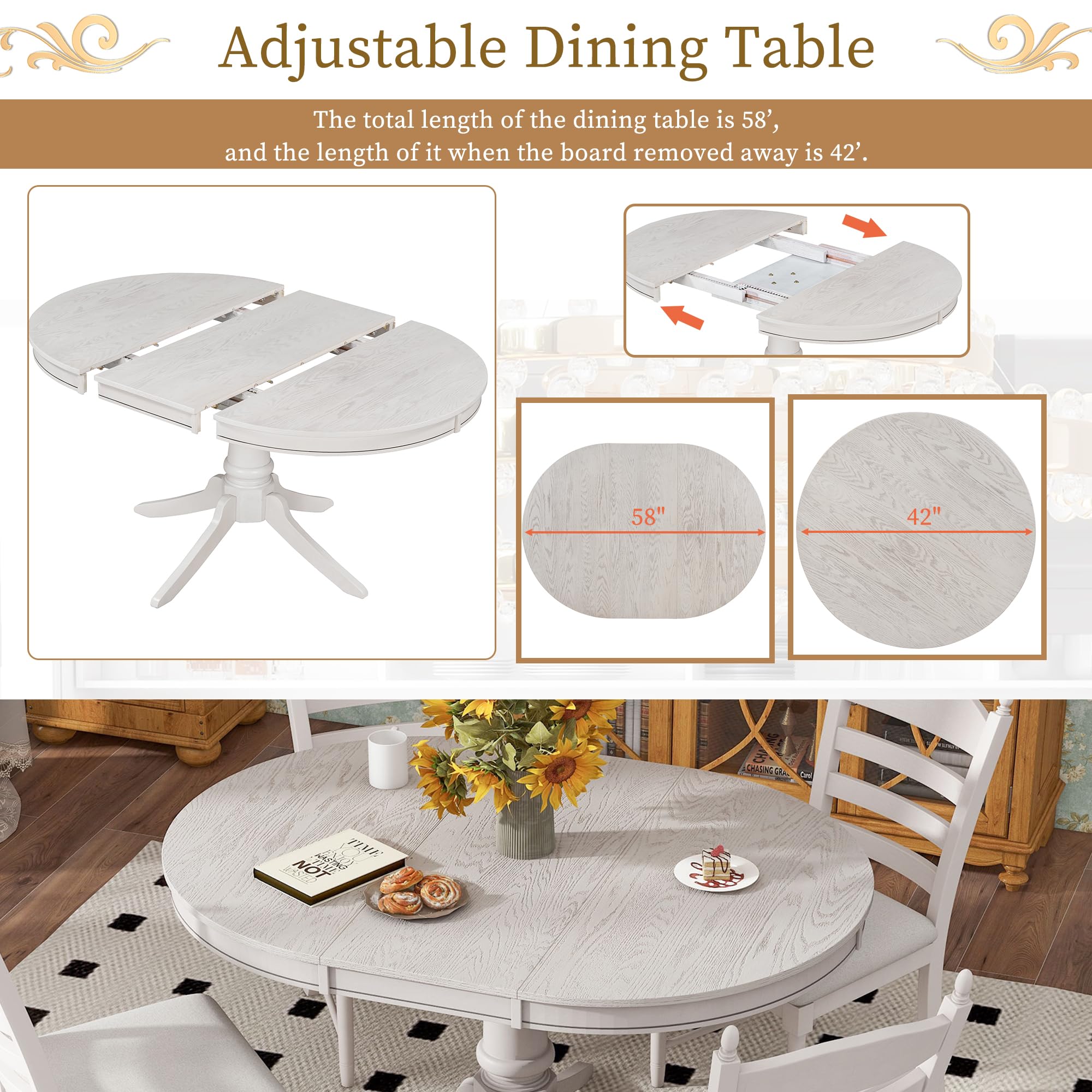 POCIYIHOME 5-Piece Retro Functional 42"-58" Wood Round Extendable 4 Upholstered Chairs, Set of 5, Family Dining Table Set for Restaurant, Kitchen (Antique White)
