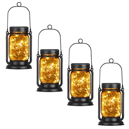 Solar Lanterns Outdoor Waterproof Hanging Mason Jar Solar Lights with 30 Led Lights,Retro Garden Solar Table Lights for Patio Yard Lawn and Christmas DIY Decorations (Solar Lantern 4 Pack)