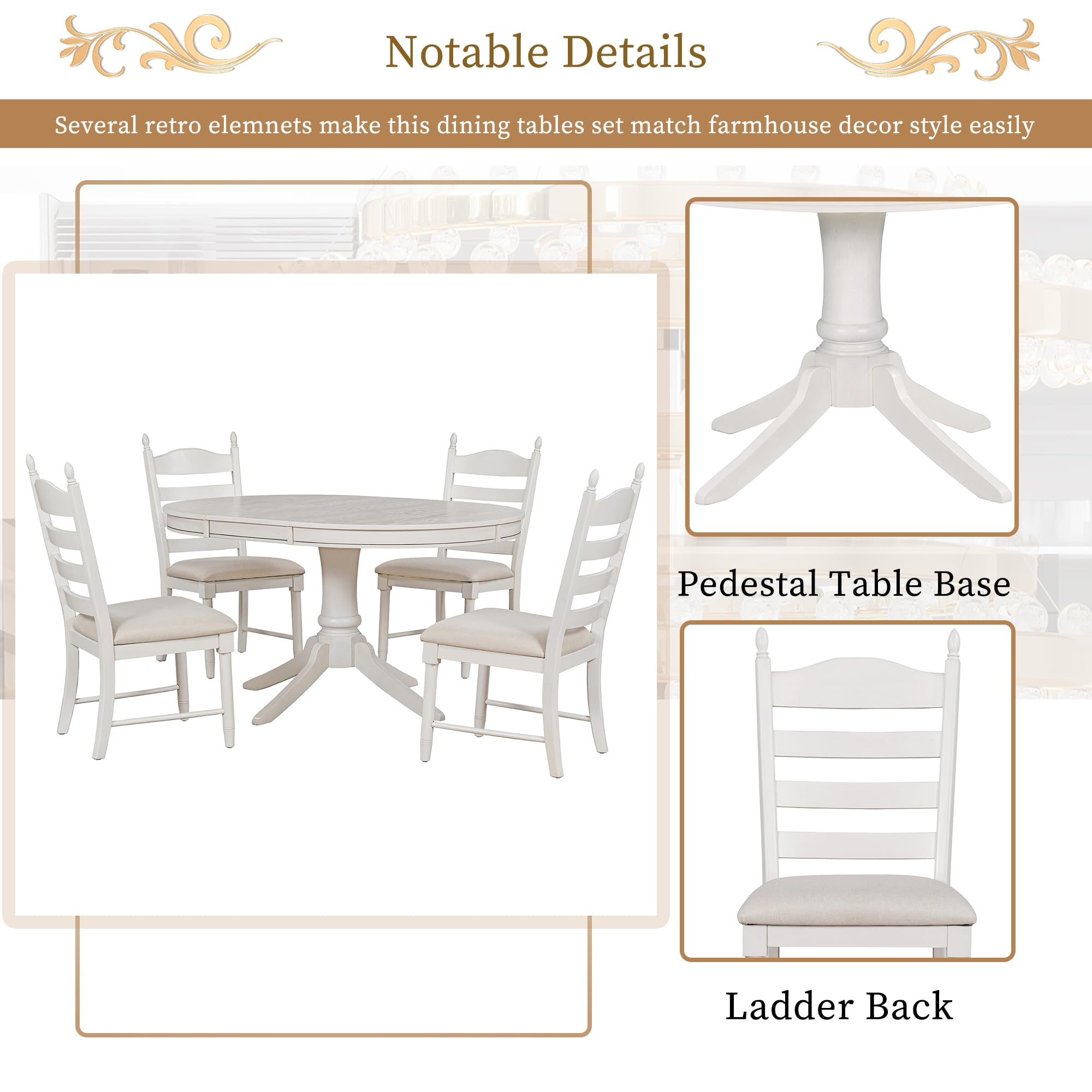 POCIYIHOME 5-Piece Retro Functional 42"-58" Wood Round Extendable 4 Upholstered Chairs, Set of 5, Family Dining Table Set for Restaurant, Kitchen (Antique White)