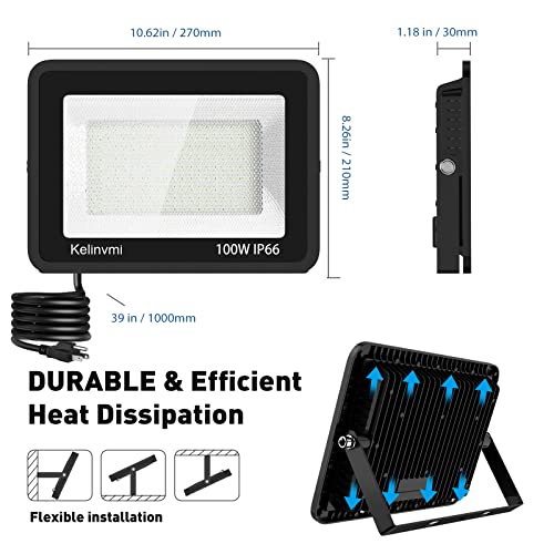 kelinvmi LED Flood Lights Outdoor 100W, Outdoor Security Light 10000lm High Brightness with Plug, 4200K Work Light with IP66 Outdoor Floodlights for Garage, Porch, Backyard, Playground