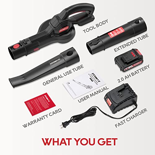 Ecomax 18V Electric Leaf Blower, Leaf Blower Cordless with 2Ah Battery and Charger, Lightweight Blower Battery Powered for Lawn Care & Snow Blowing & Yard Cleaning, ELG04, Black & Red