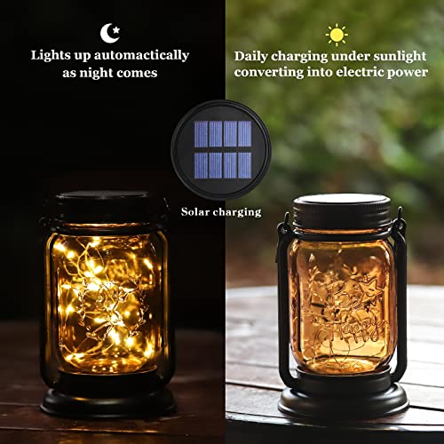 Solar Lanterns Outdoor Waterproof Hanging Mason Jar Solar Lights with 30 Led Lights,Retro Garden Solar Table Lights for Patio Yard Lawn and Christmas DIY Decorations (Solar Lantern 4 Pack)