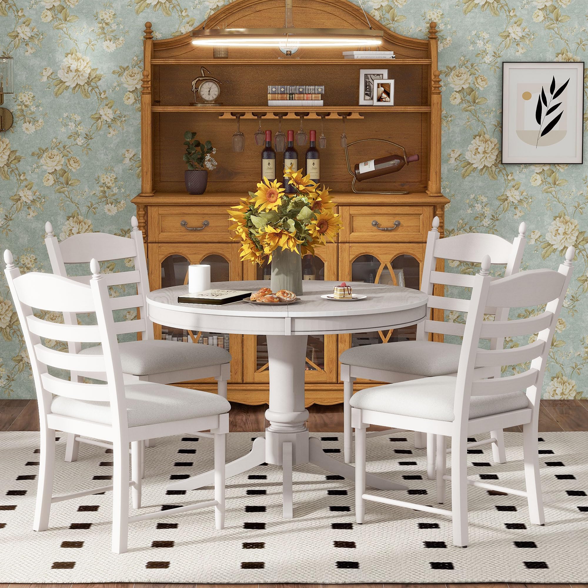 POCIYIHOME 5-Piece Retro Functional 42"-58" Wood Round Extendable 4 Upholstered Chairs, Set of 5, Family Dining Table Set for Restaurant, Kitchen (Antique White)